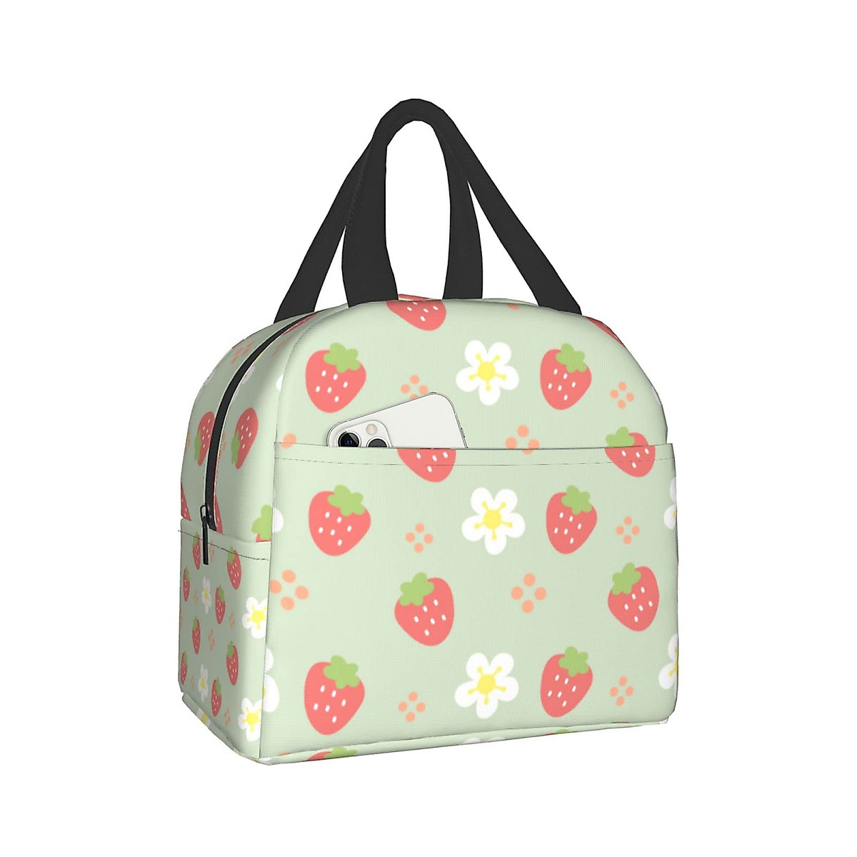 Ucsaxue Green Strawberry and Flowers Lunch Bag Small Insulated Lunch Box with Front Pocket Aesthetic Lunch Bags for Girls Boys Freezable Bento Box Women Men Lunch Boxes