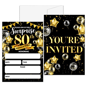 Surprise 80th Birthday Party Invitation, Black and Gold Fill-In Invites For Adult Woman & Man, 20 Invitations With Envelopes(4" x 6"), Party Favors Decorations And Supplies-06
