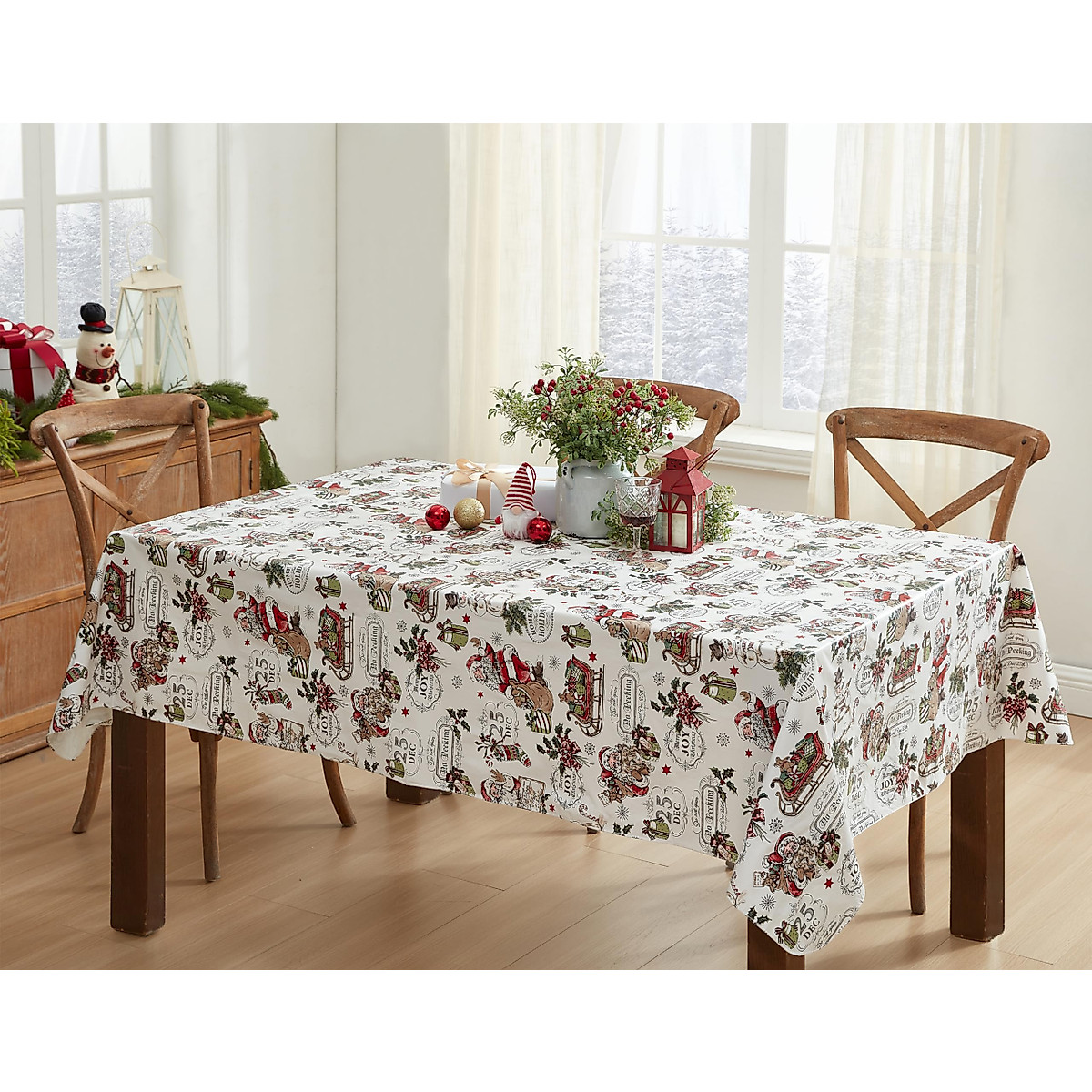 Newbridge Vintage Nostalgia Home for Holidays Print Flannel Back Vinyl Christmas Tablecloth - Vintage Santa Claus, Snowman and Sleigh Xmas Wipe Clean Easy Care Tablecloth, 60” x 120” Oblong/Rectangle