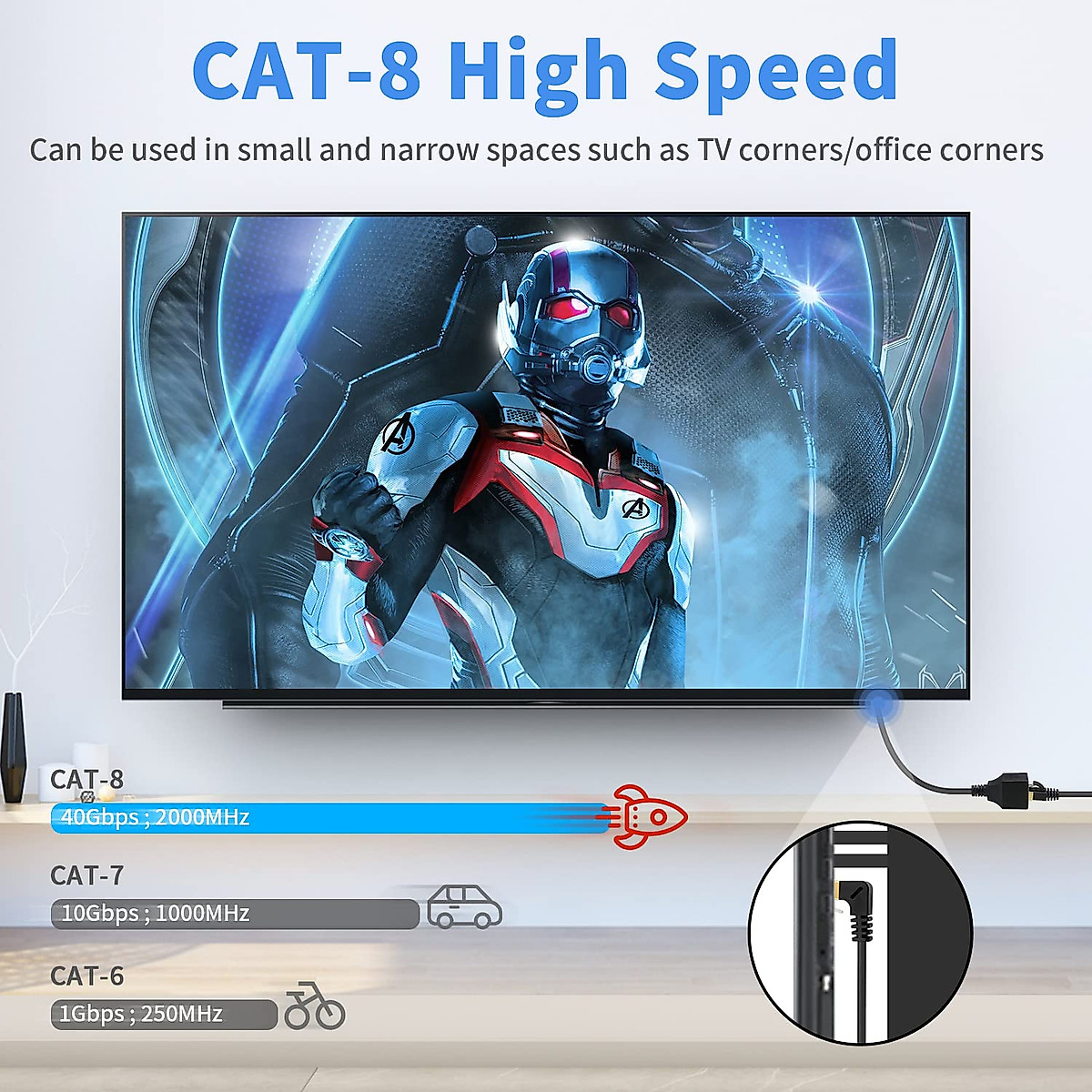 Duttek Cat8 Network Extension Cable 40Gbps, 90 Degree Down Angle RJ45 Male to Female Shielded Ethernet Connector Extension Cable (Extreme Thin) for Router, Modem 1.65FT/50CM