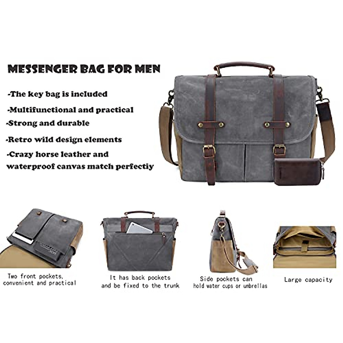 Messenger Bag for Men, 15.6 Inch Waterproof Vintage Genuine Leather Laptop Briefcase Waxed Canvas Large Computer Satchel bag Travel Leather Shoulder Work Bag with Key Bag (Dark grey)