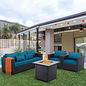 Lviden 4 Pieces Outdoor Patio Furniture Set, Wicker Conversation Sets, Black PE Rattan Sectional Couch Sofa with 50000 BTU Gas Fire Pit Table and Peacock Blue Cushions