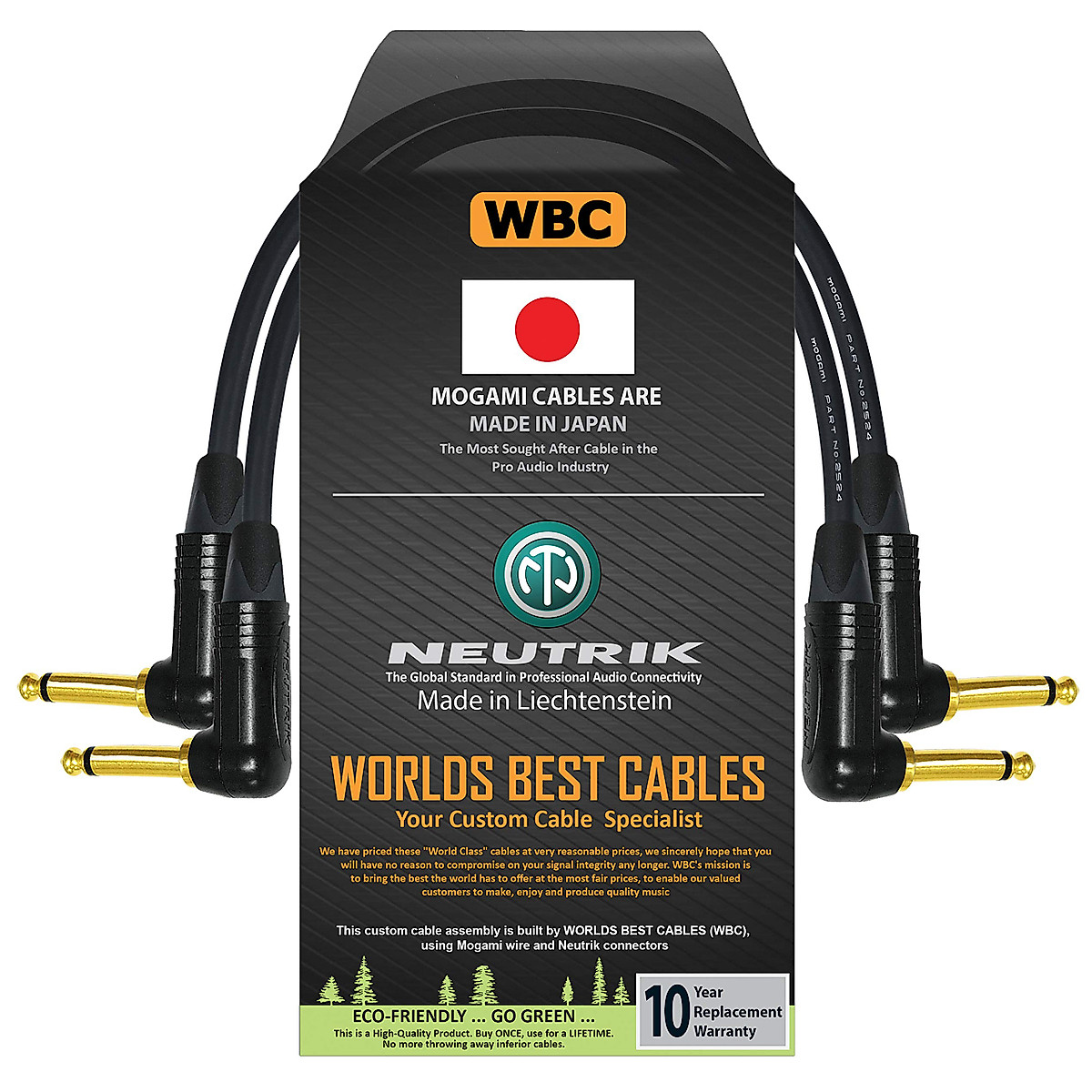 WORLDS BEST CABLES 2 Units - 12 Inch - Guitar Instrument Cable CUSTOM MADE using Mogami 2524 wire and Neutrik NP2RX-B ¼ Inch (6.35mm) Right Angled Gold TS Connectors