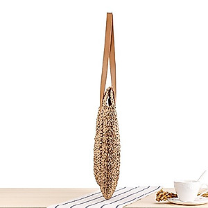 Round Woven Zippered Shoulder Bag,Handbags Beach Straw Bag Large Handmade Weaving Shoulder Bag Natural Chic Women Straw Woven Tote Summer Beach Tote for Women Vacation and Daily Use(Off-white
