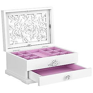 SONGMICS Jewelry Box, 2-Tier Jewelry Organizer with Flower Carvings, Drawer, Gift for Loved Ones, Kids, Jewelry Storage Case for Rings, Earrings, Necklaces, Bracelets, White UJOW201