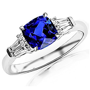 0.85 Carat t.w 14K White Gold Prong Set Round And Baguette Diamond Engagement Ring w/a 0.5 Carat Cushion Cut Purple Tanzanite Heirloom Quality