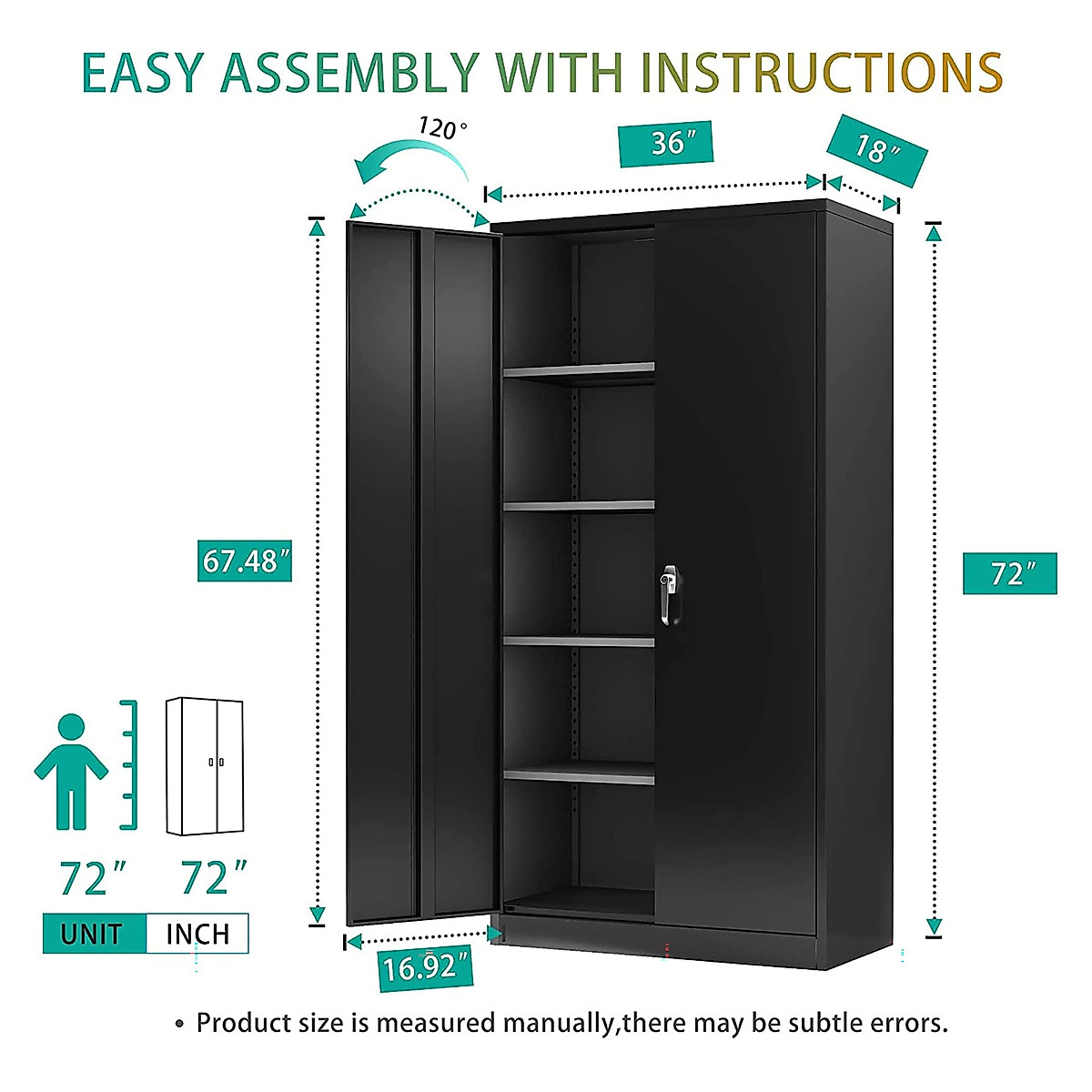 Aobabo 72 Inch Tall 2 Door Durable Locking Metal Storage Cabinet Organizer with 4 Adjustable Shelves and 2 Keys for Garages and Offices, Black