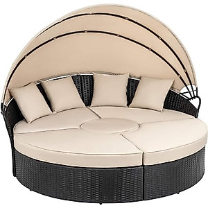 Walsunny Patio Furniture Round Daybed with Retractable Canopy, Outdoor Wicker Rattan Sectional Sofa Set,Seating Separates Cushioned Seats for Patio Lawn Backyard Pool