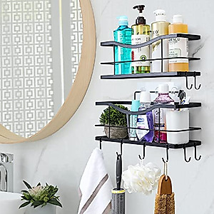 AOZITA 2 Pack, Large Adhesive Shower Caddy Shelves with 8 Hooks - Wall Hanging Bathroom Organizer Basket for Shower Room - Shower Racks for Inside Shower Storage - SUS304 Stainless Steel, Matte Black