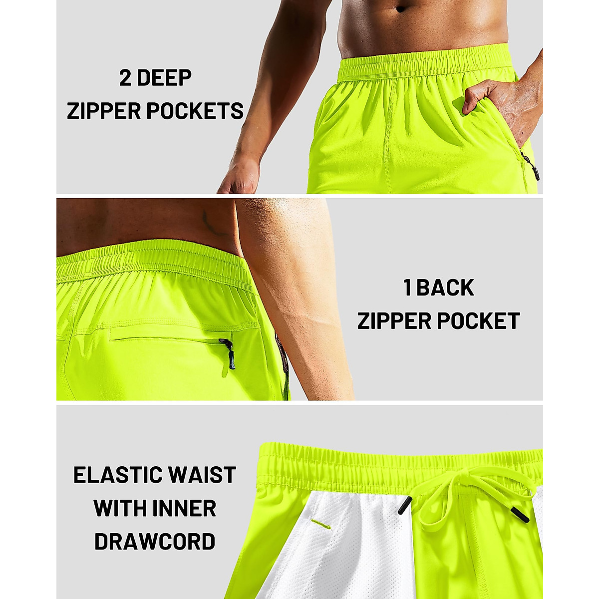 MIER Men's Athletic Shorts Workout Running Quick Dry Lightweight Gym Shorts with Zip Pockets 7" Inseam, Neon Green, Medium