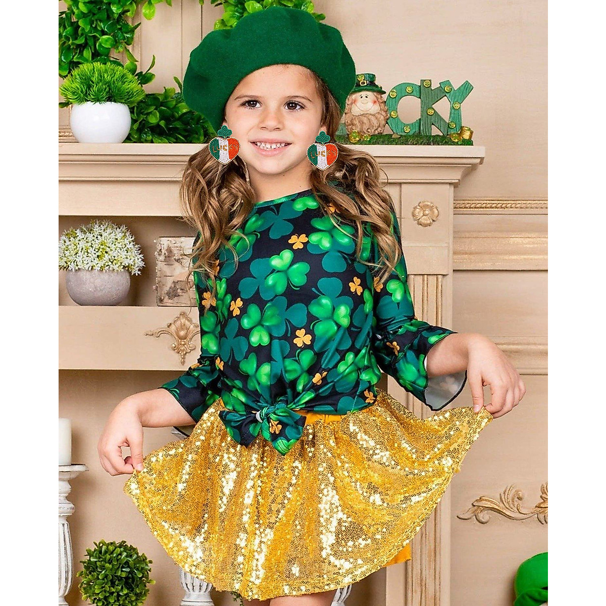 St. Patrick's Day Earrings Beaded Green Leaf Clover Dangling Earrings Handmade Irish Flag Heart Lucky Shamrock Hat Earrings Drop Dangle Earrings Irish Holiday Jewelry Gift for Women