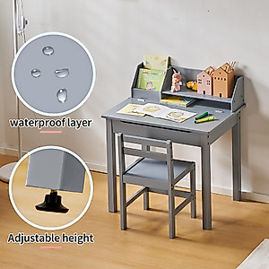 UNICOO Bamboo Toddler Desk and Chair Set, Lift-Top Desk & Chair Set for 3-8 Years Old Toddlers, Children Writing Desk with Storage and Hutch for Home School Use (C007 - Grey)