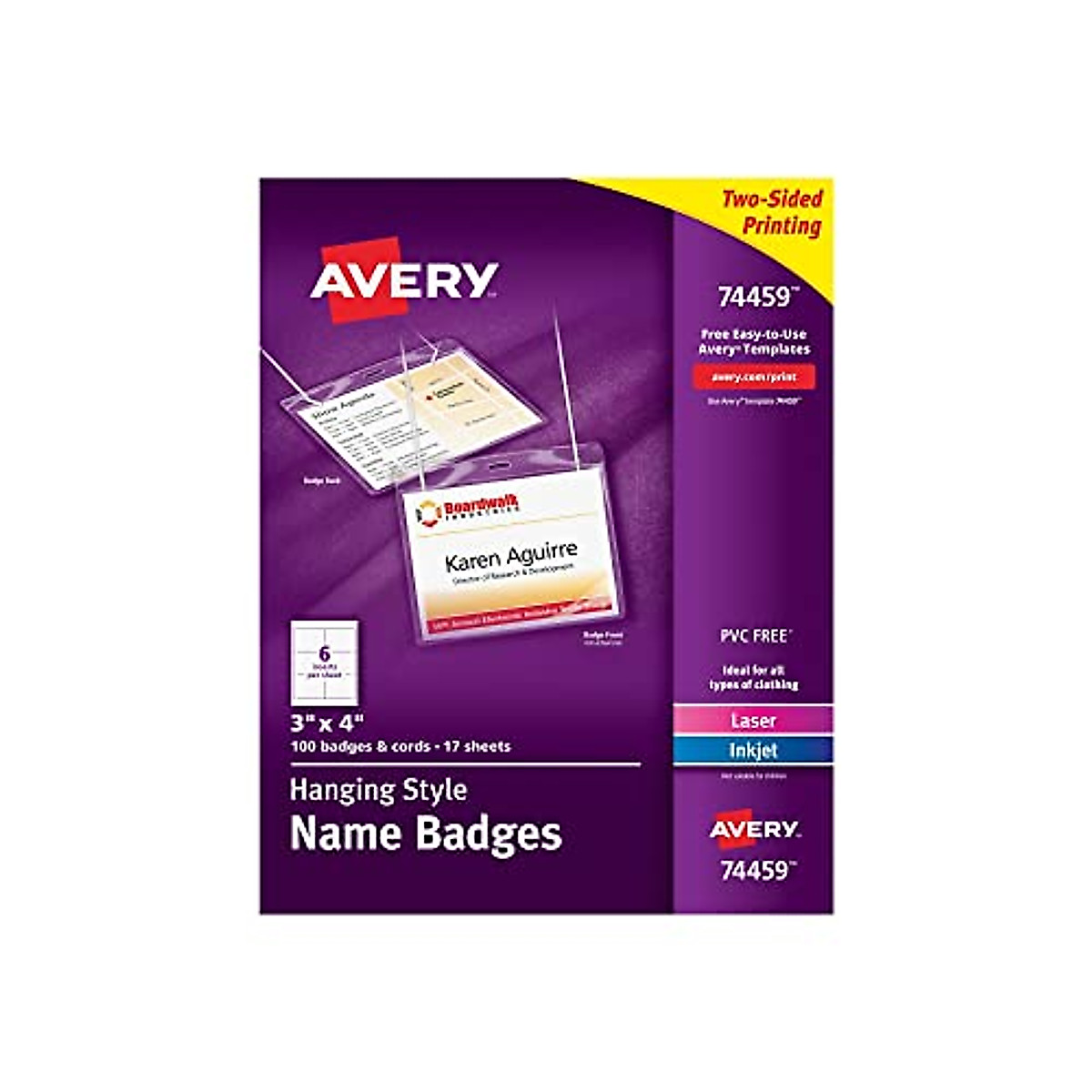 Avery 74459 Neck Hang Badge Holder w/Laser/Inkjet Insert, Top Load, 3h x 4w, White (Box of 100)