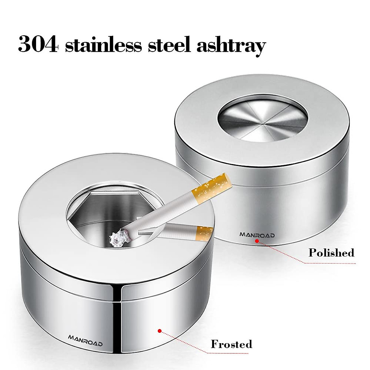 MANROAD Ashtray, Smokeless Ashtrays for Cigarettes Indoor Cigar Ashtrays 304 Stainless Steel Ash Tray Outdoor Car Ashtray with Lid Smell Proof Windproof Ashtray for Home Office Patio Decoration