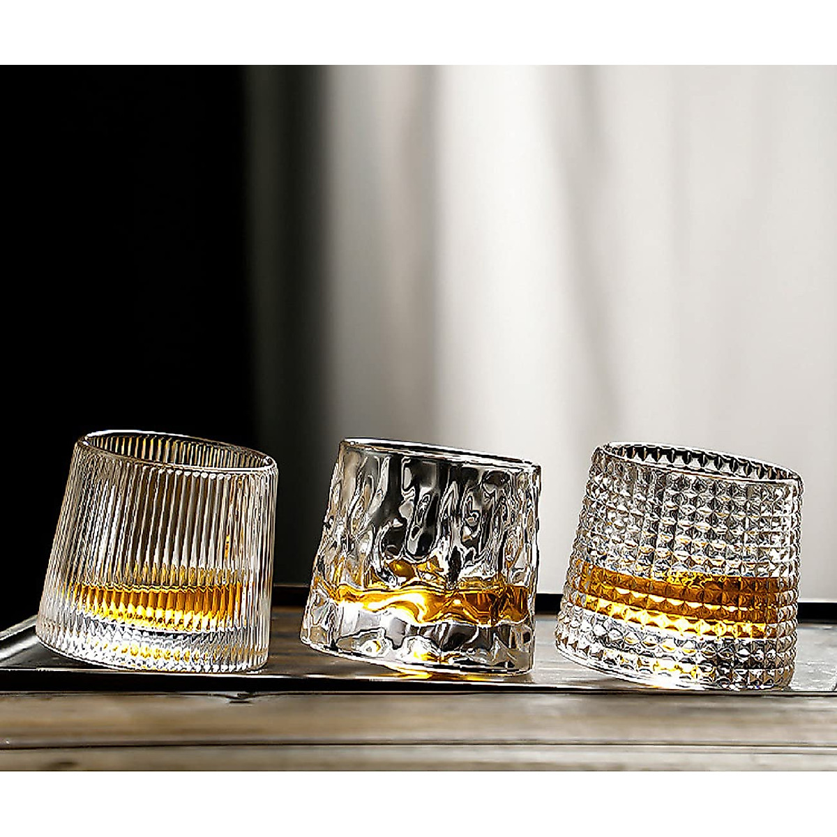 ueecool Whiskey Rocks Glasses, Tumbler Crystal Bar Glass, Rotatable Double Old Fashion Set of 3, 6 oz, Clear,Father's Day Gift (3pc Whiskey Glasses), (WG003)