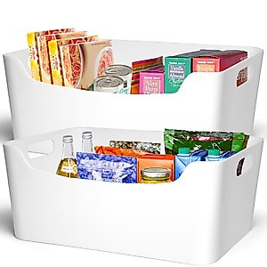 Plastic Storage Bins for Organization, 2 Pcs White Pantry Bins Organization, Storage Containers Organizing Bins, Freezer Organizer Bins Stackable, Plastic Boxes for Storage, Kitchen Storage Bins