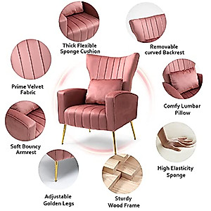 WQSLHX Living Room Chairs Set of 2 with Lumbar Pillow, Velvet Accent Chair with High Back Mid Century Armchair for Bedroom with Armrest, Arm Chair with Golden Metal Legs, Pink
