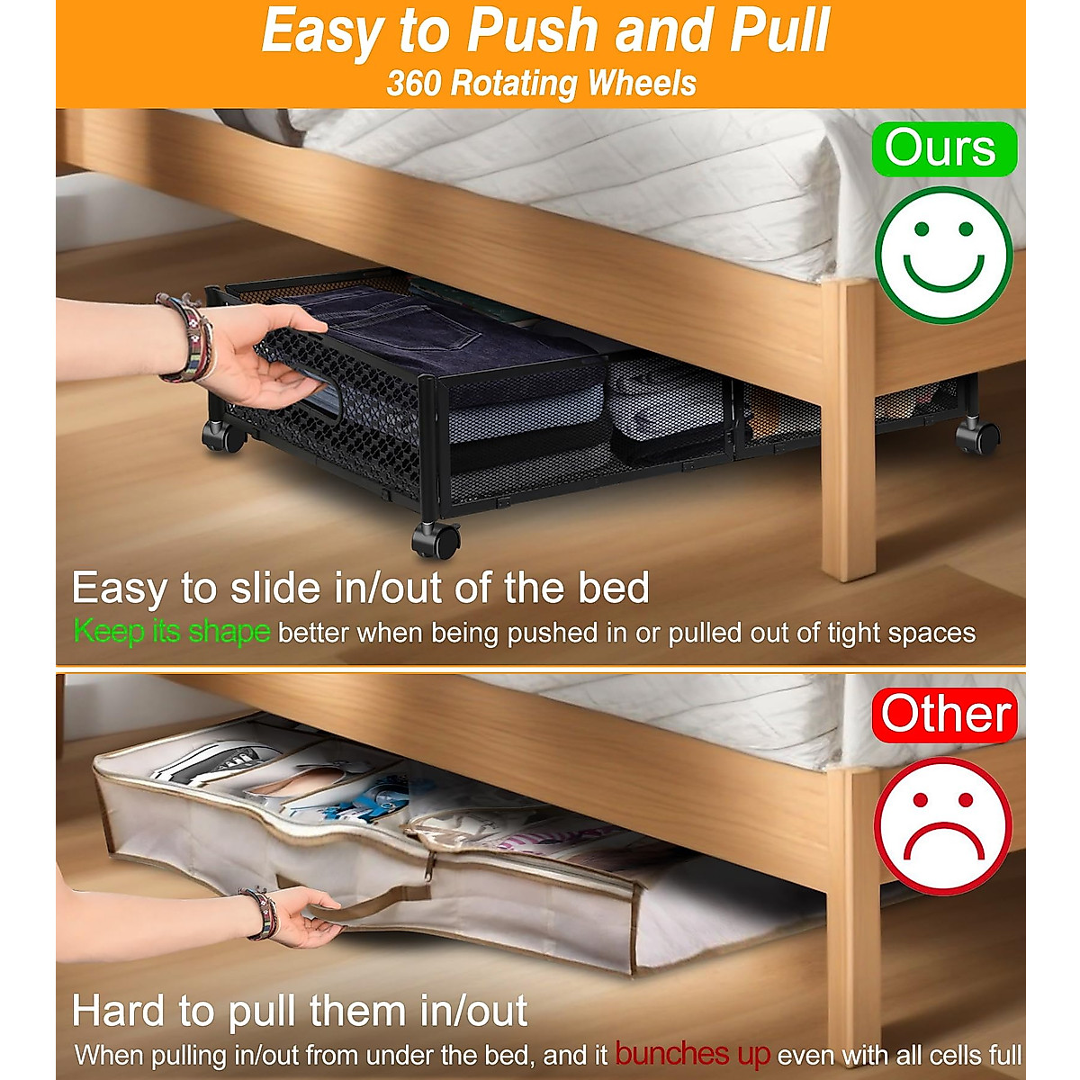 punemi Under Bed Storage with Wheels, 2 Pcs Underbed Storage Containers Rolling Drawers with Handle, 23.6 x 15.7 x 6.2in Tall Metal Under Bed Shoe Organizers for Clothes, Tool-free Assembly Black