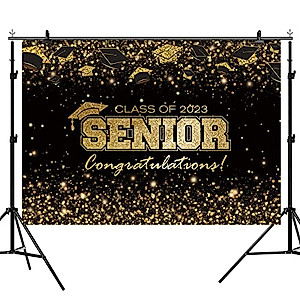 Rsuuinu Class of 2023 Backdrop Black Gold Glitter Bokeh Graduation Party Photography Background Congratulations Senior 2023 Congrats Grad Prom Party Decorations Banner Photo Booth Props 7x5ft