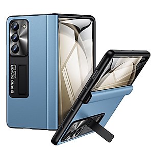 LEIAU for Samsung Galaxy Fold 5 Case: Luxury Genuine Leather case with Full Cover Hinge Protection & Screen Protector & Kickstand - Shockproof Protective Phone Case for Galaxy Z Fold 5 5G Blue