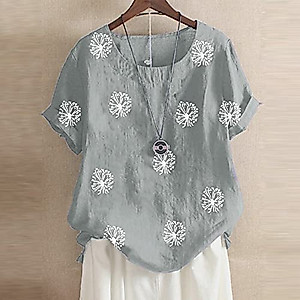 SMIDOW Cute Linen Tops for Women 2023 Summer Dandelion Print Shirts Short Sleeve Crewneck Shirt Loose Blouse Dressy Casual Spring Fashion Trends Gray XL