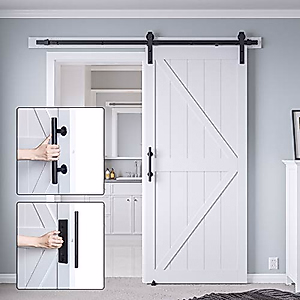 COSHOMER 36in x 84in MDF Sliding Barn Door with 6.6ft Barn Door Hardware Kit & Handle, Pre-Drilled Holes Easy Assembly -Solid Barn Door Slab Covered with Water-Proof PVC Surface, White, K-Frame