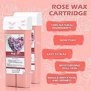 Roll On Waxing Kit, Depilatory Roll On Wax Warmer for Hair Removal with 2 Rose Cartridges Refill 10 Wax-removing Wipes and 100pcs Wax Strips, At Home Waxing Kit for Women and Men