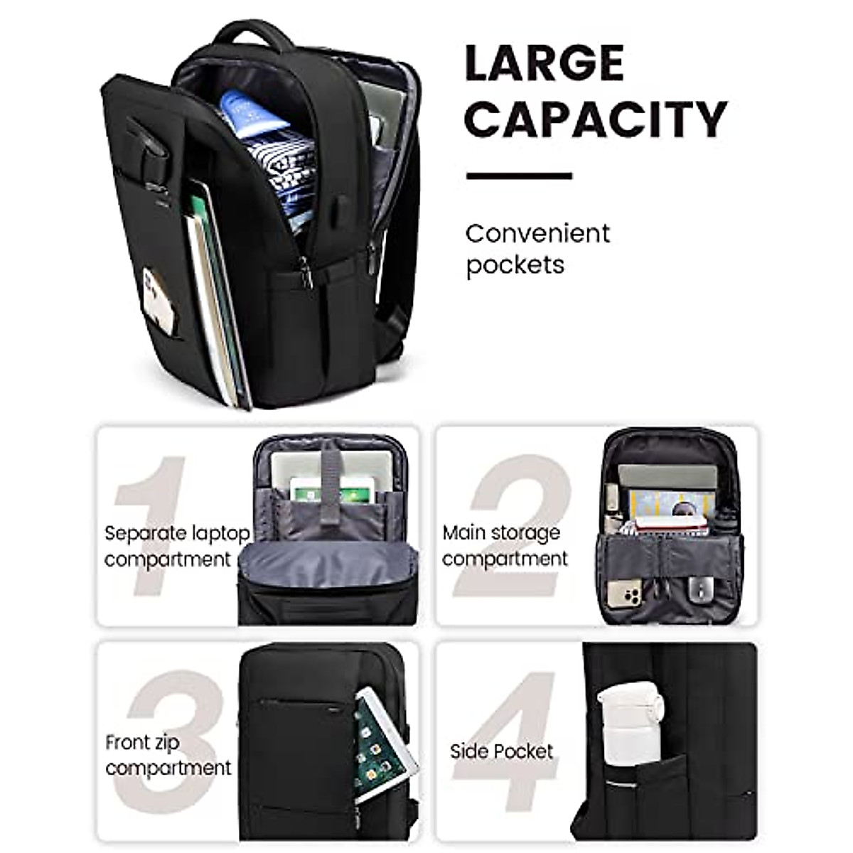 LOVEVOOK Laptop Backpack for Women & Men, Unisex 15.6 inch Waterproof Travel Backpack, Work Backpack Casual Daypack with USB Charging Port, Computer Backpack for Business Black
