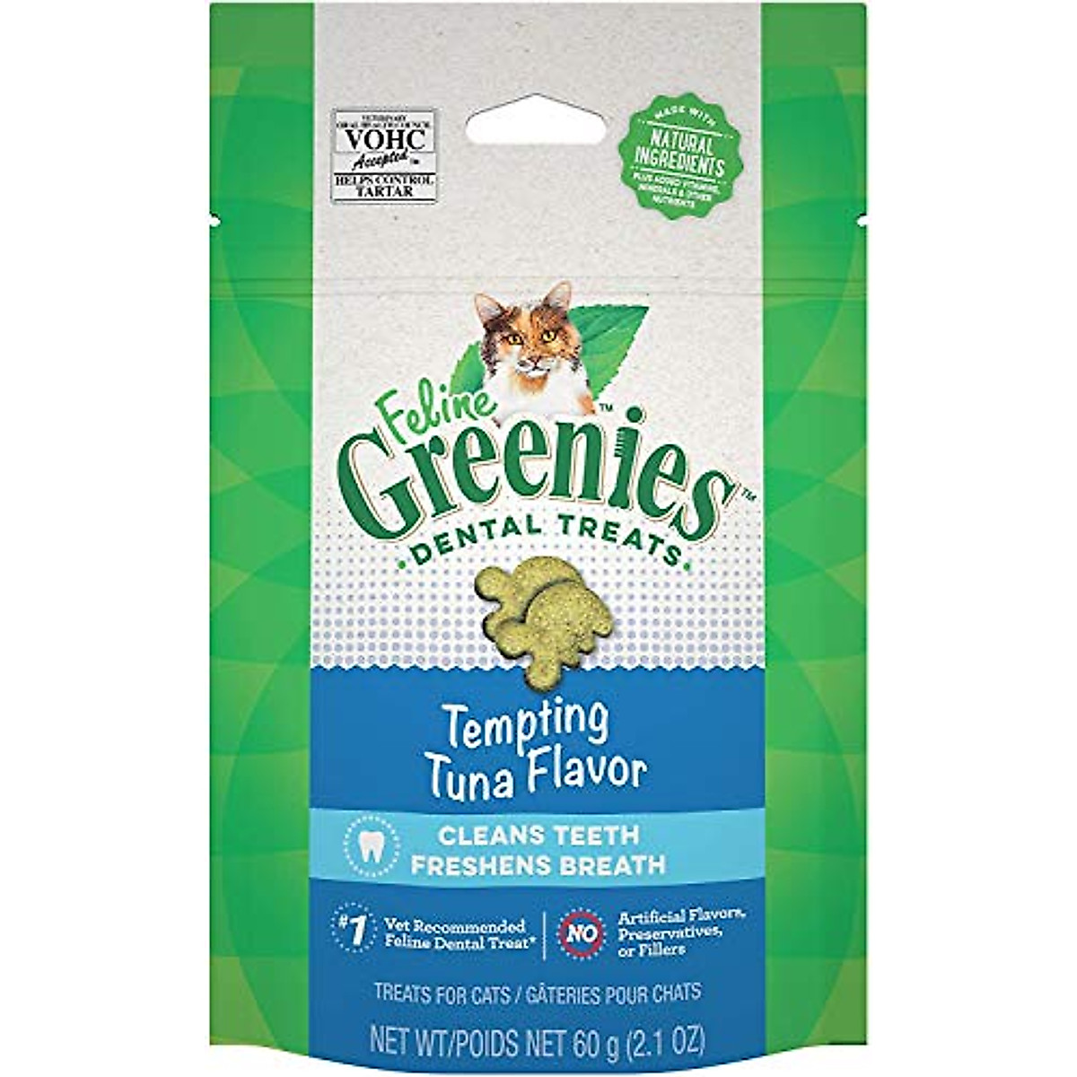 Greenies (4 Pack) Feline Dental Cat Treat Variety Bundle 4 Flavors - 2.1oz Each Bag, (1) Tempting Tuna, (1) Savory Salmon, (1) Oven Roasted Chicken, and (1) Catnip Flavor 10ct Pet Wipes