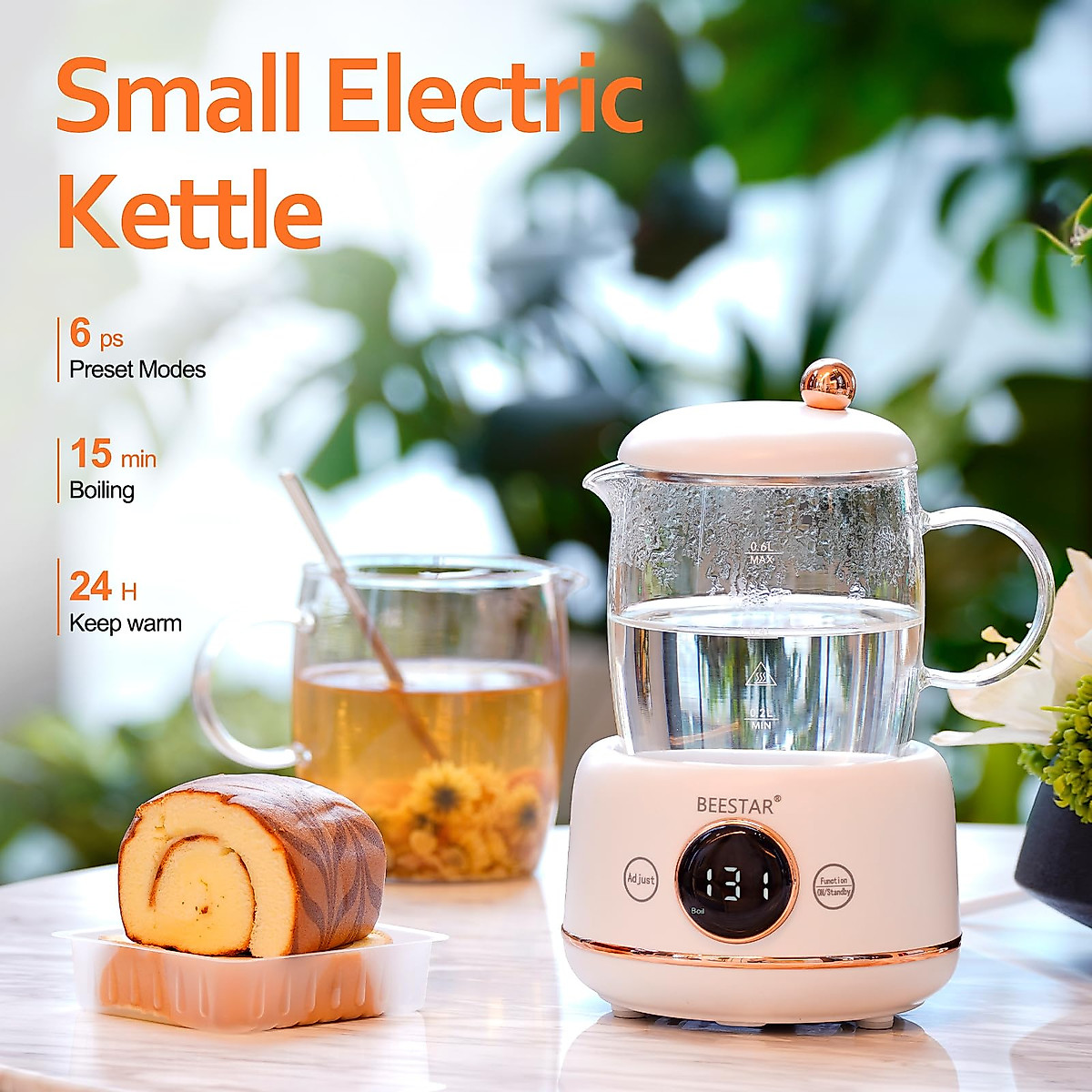 BEESTAR Small Electric Kettle with Automatic Heat Preservation,Glass Portable Kettle Temperature Control,6 Preset Programs,High Borosilicate Glass,0.6 Liter Capacity for Your Office or Kitchen