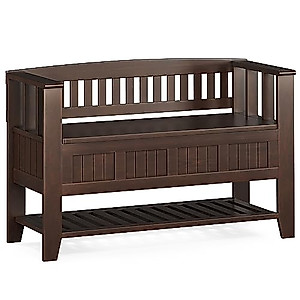 SIMPLIHOME Acadian Solid Wood 48 Inch Wide Transitional Entryway Storage Bench with Shelf in Brunette Brown, for The Living Room, Entryway and Family Room