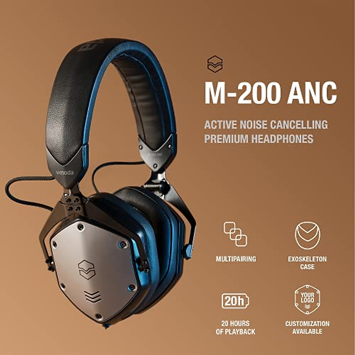 V-MODA M-200 ANC Noise Cancelling Wireless Bluetooth Over-Ear Headphones with Mic for Phone-Call, Matte Black