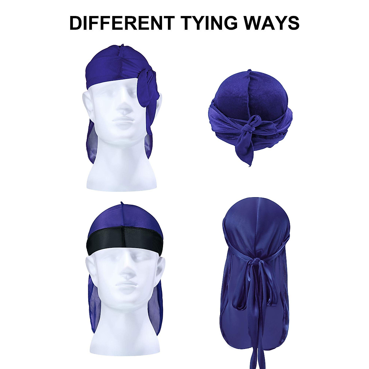 4 Pieces Kids Silky Durag with Wave Caps Set Unisex Baby Durags Long Tail and Wide Strap Headwraps Turban Beanies (Black, Navy Blue)