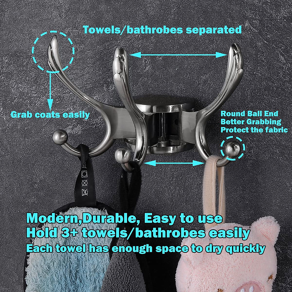 Ovlist Swivel Coat Hook 2 Pack Heavy Duty Space Saving Towel Rope Hook Wall Mount Triple Swing Arms for RV Bathroom Kitchen Garage,Brushed Nickel