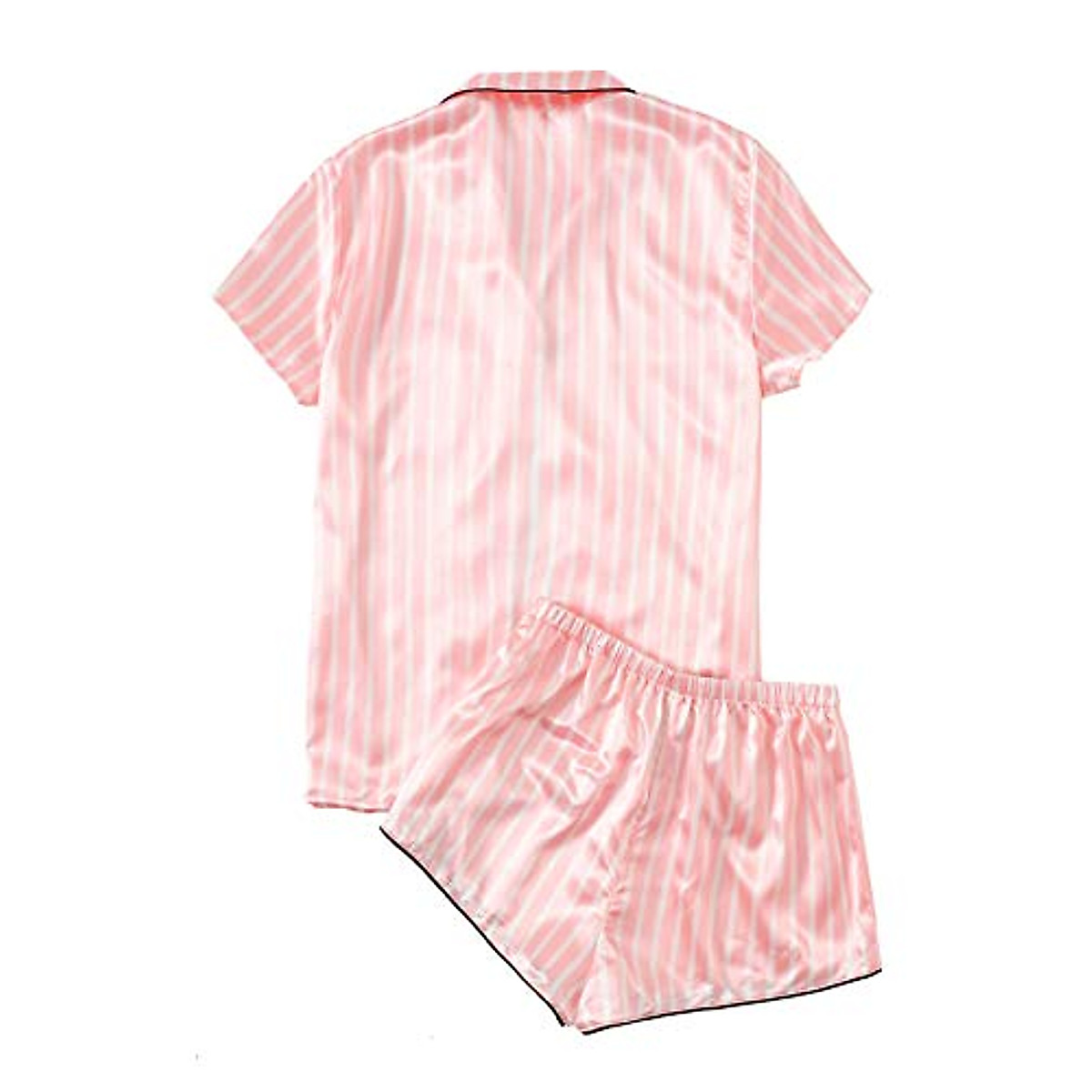 WDIRARA Women's Satin Sleepwear Short Sleeve Button Shirt and Shorts Pajama Set Silky PJ Striped Pink S
