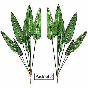 Artificial Tropical Palm Leaf Bush Greenery Plastic Faux Bird of Paradise Fake Eva Curcuma Plant Bundle with 7 Leaves for Home Garden Office Store Decoration (Green - Pack of 2 pcs)