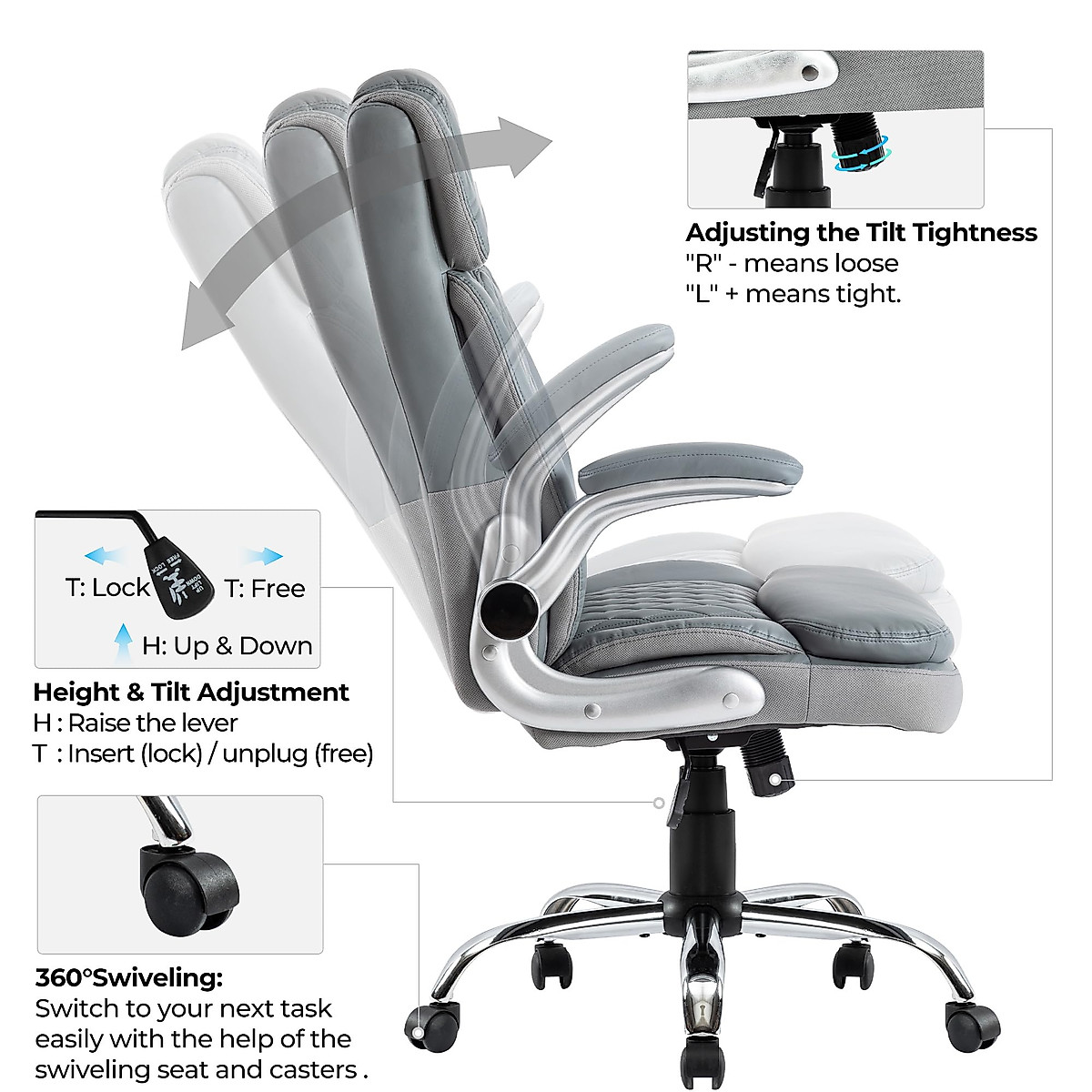 HOMYEDAMIC High Back Office Chair with Adjustable Arms, PU Leather Computer Executive Chairs Big Tall Swivel Ergonomic Adjustable Tilt Angle, Thick Seat 7012-Grey