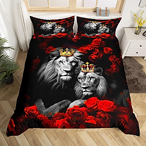 jejeloiu Wild Lion Couple Bedding Set Queen Size Couple Red Rose Floral Comforter Cover Set for Girls Women Lover Gold King and Queen Crown Duvet Cover Valentine's Day Bedspread Cover Room Decor