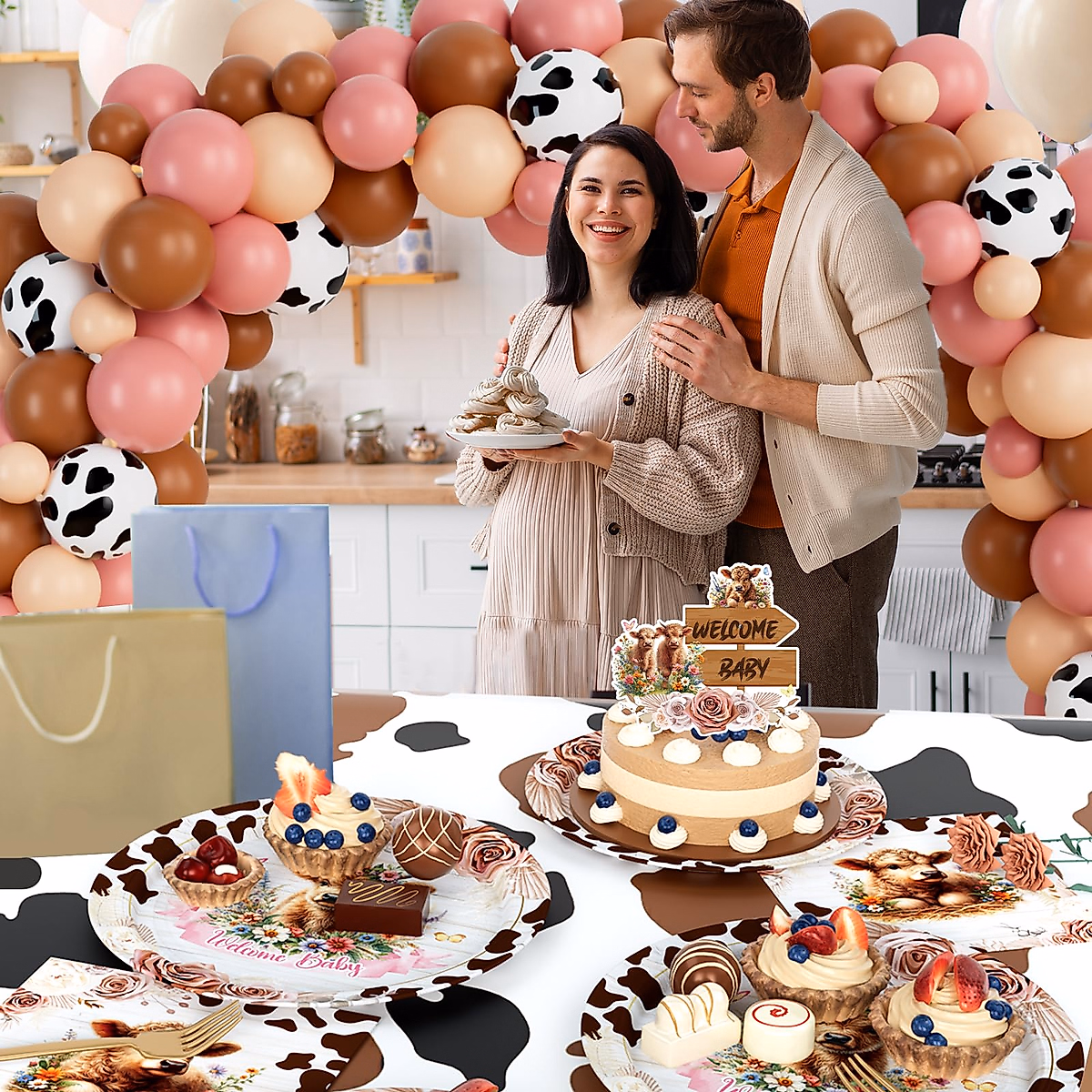 Hombae Highland Cow Baby Shower Decorations, Baby Shower Decorations for Girls, Holy Cow Baby Shower Supplies, Highland Cow Theme Backdrop Balloon Banner Tablecloth Cake Topper Plates Napkins Forks