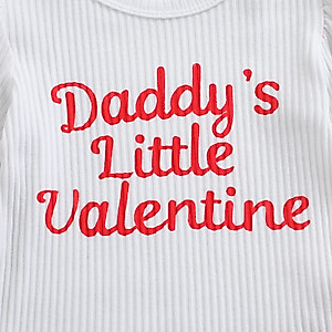Sunwittafy Toddler Baby Girl Daddy's Little Valentine Clothes Letter Romper Puff Sleeve Romper Heart Print Flared Pants Headband
