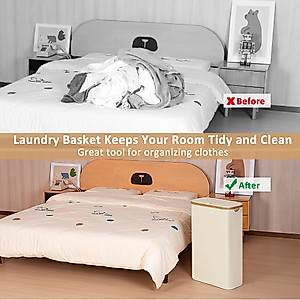 iEGrow Slim Laundry Hamper, Narrow Laundry Basket with Lid,Foldable Clothes Hamper with Bamboo Handles,Hamper Basket with Removable Inner Bag for Laundry Room Bedroom College Dorm,60L Beige