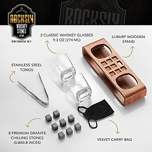 ROCKSLY Whiskey Stones Gift Set with Stand | Handcrafted Whiskey Glass Set Granit Whiskey Rocks for Perfect Drink | Whiskey Gift Set & Whiskey Kit | Best Whisky Stones Glass Set for Men dad (Mahogany)