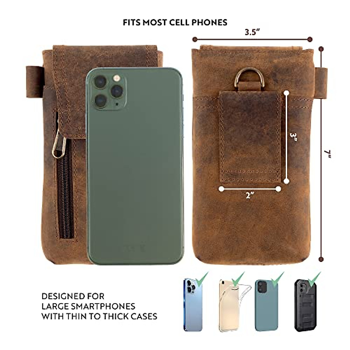 Leather Phone Holster – Genuine Full-Grain Buffalo Leather Cell Phone Holsters – 7” H x 3.5" W Leather Cell Phone Holster for Large Smartphones – Secure & Durable Phone Belt Holder by MOONSTER®