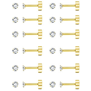 FASACCO 12 Pairs 14K Flat Back Earrings 20G Cartilage Earring Stud Tiny 2MM Flat Back Stud Earrings
