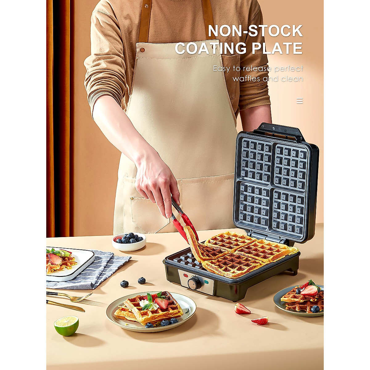 Belgian Waffle Maker 4 Slices, 1200W Waffle Iron, Anti-Overflow Waffle Iron with Browning Knob, Nonstick Plates, Indicator Lights, Silver/Black