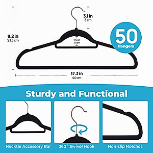 Fontaines Luxury Black/Black Velvet Non-Slip Clothes Hangers - Pack of 50 - Ultra Slim & Space Saving - Heavy Duty with 360 Degree Black Swivel Hook for Clothing, Suit, Top, (Black/Black)