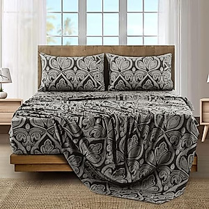 Lux Decor Queen Sheet Set, 6-Pc Cooling Bed Set, Breathable Hotel Style Sheets, Microfiber Sheets Deep Pockets, Easy-Fit, Soft & Wrinkle Free Oeko-Tex Paisley Bed Sheets (Queen, Grey)