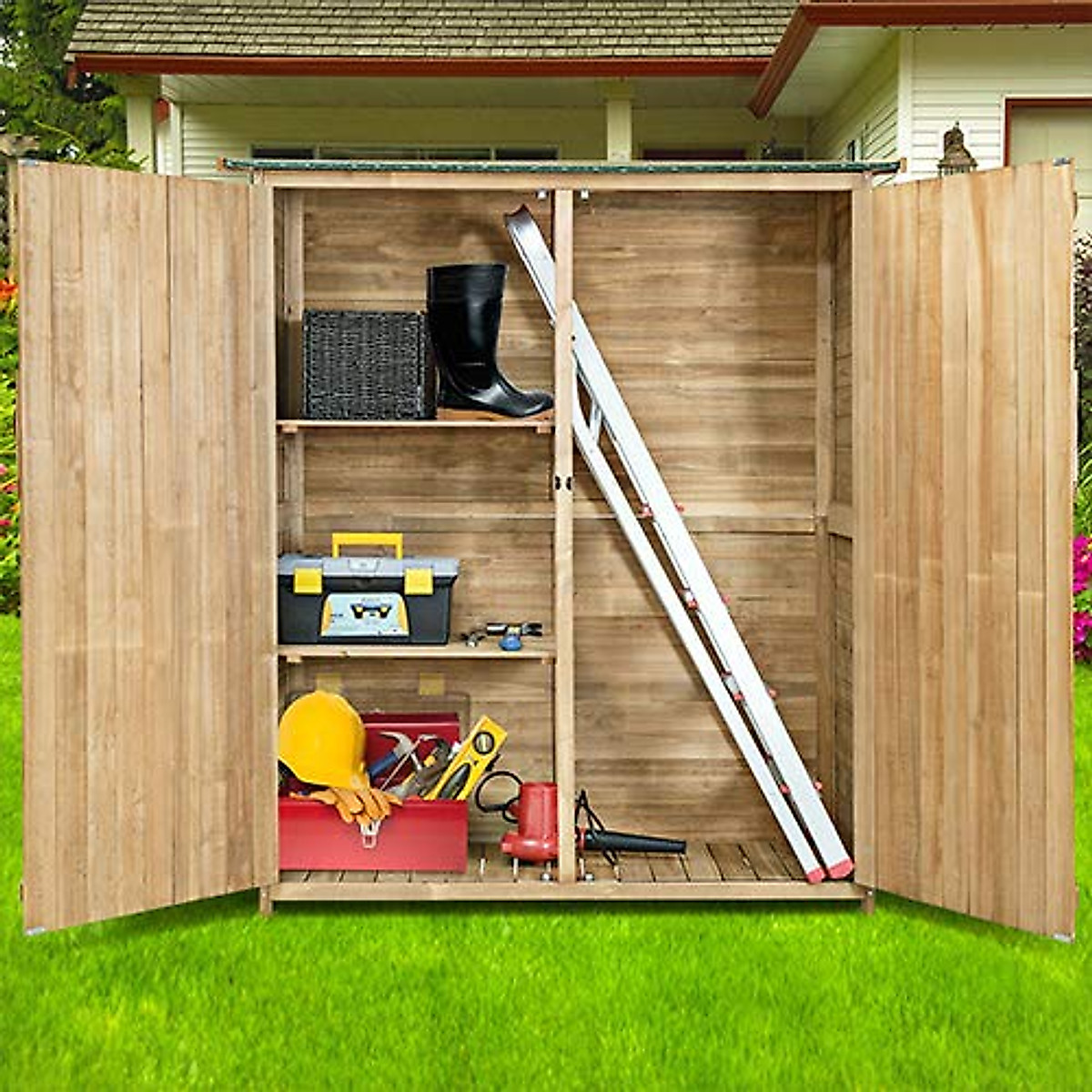 Safstar Outdoor Storage Shed with Lockable Door, Wooden Tool Storage Shed w/Detachable Shelves & Pitch Roof, Garden Storage Cabinet for Backyard Patio Deck Porch, 56”L x 20”W x 65”H, Natural
