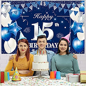 P.G Collin Happy 15th Birthday Banner Backdrop Sign Background, 15 Birthday Party Decorations Supplies for Boys Girls 6 x 4ft Blue Silver, Blue-15 (HB15-FH)