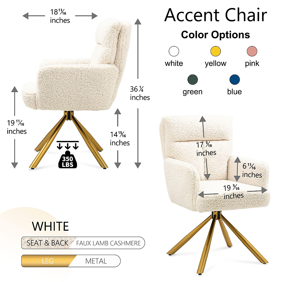 NORDICANA 180° Swivel Sherpa Living Room Chair Modern Armchair with Golden Legs Ergonomic Upholstered Accent Chair No Wheels for Bedroom Reading Home Office, Off White